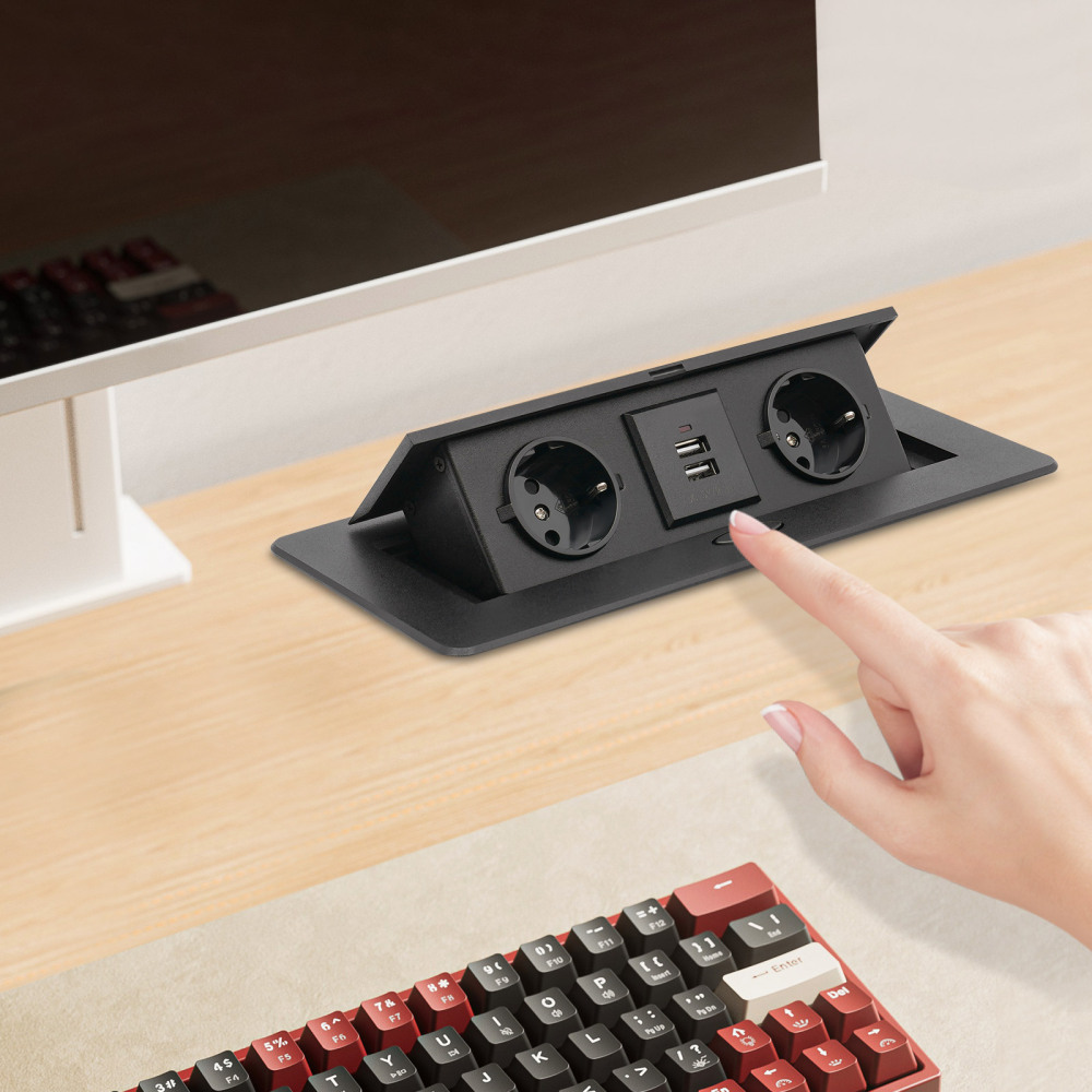 Toma empotrable con 2 USB, 2 tomas, 1,8m, retráctil, 250V AC, 16A, negro
