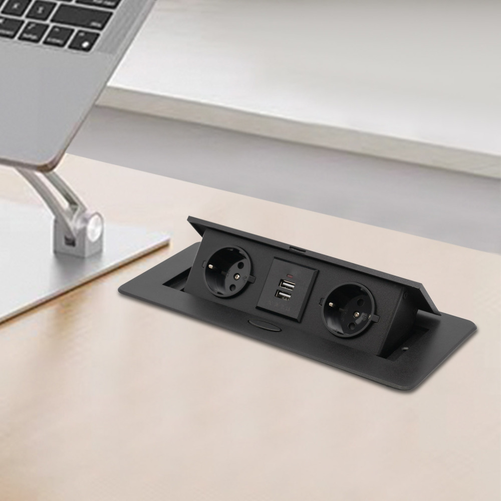 Toma empotrable con 2 USB, 2 tomas, 1,8m, retráctil, 250V AC, 16A, negro