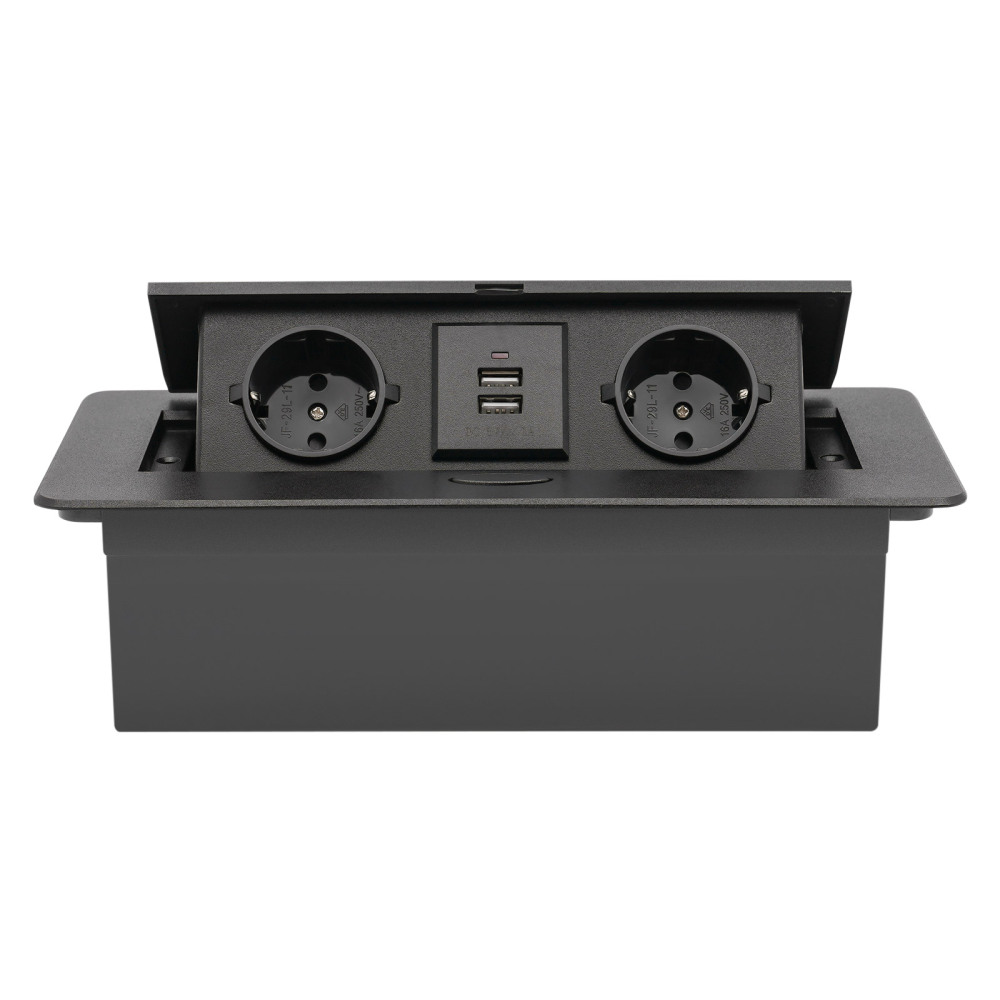 Toma empotrable con 2 USB, 2 tomas, 1,8m, retráctil, 250V AC, 16A, negro