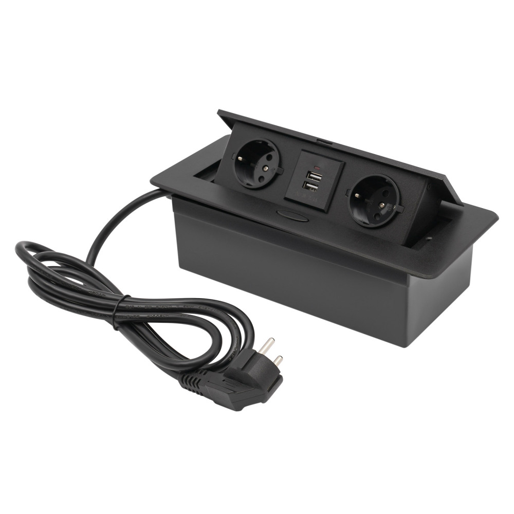 Toma empotrable con 2 USB, 2 tomas, 1,8m, retráctil, 250V AC, 16A, negro