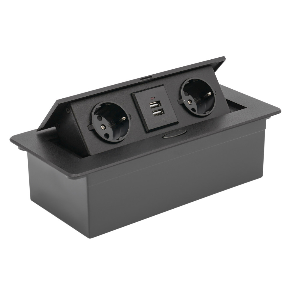 Toma empotrable con 2 USB, 2 tomas, 1,8m, retráctil, 250V AC, 16A, negro